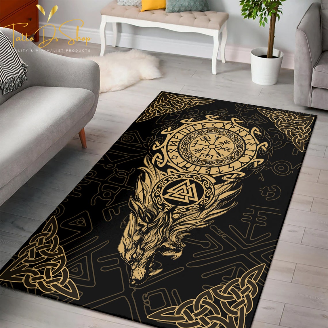 Viking Rune Fenrir Wolf Head Area Rug For Viking Style Room Decor ...