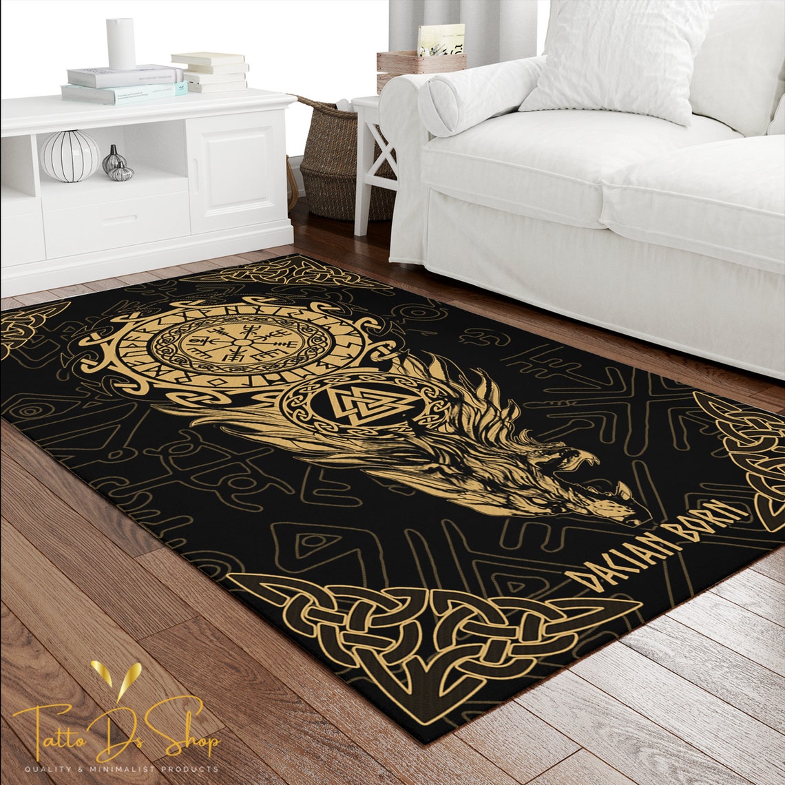 Viking Rune Fenrir Wolf Head Area Rug For Viking Style Room Decor ...