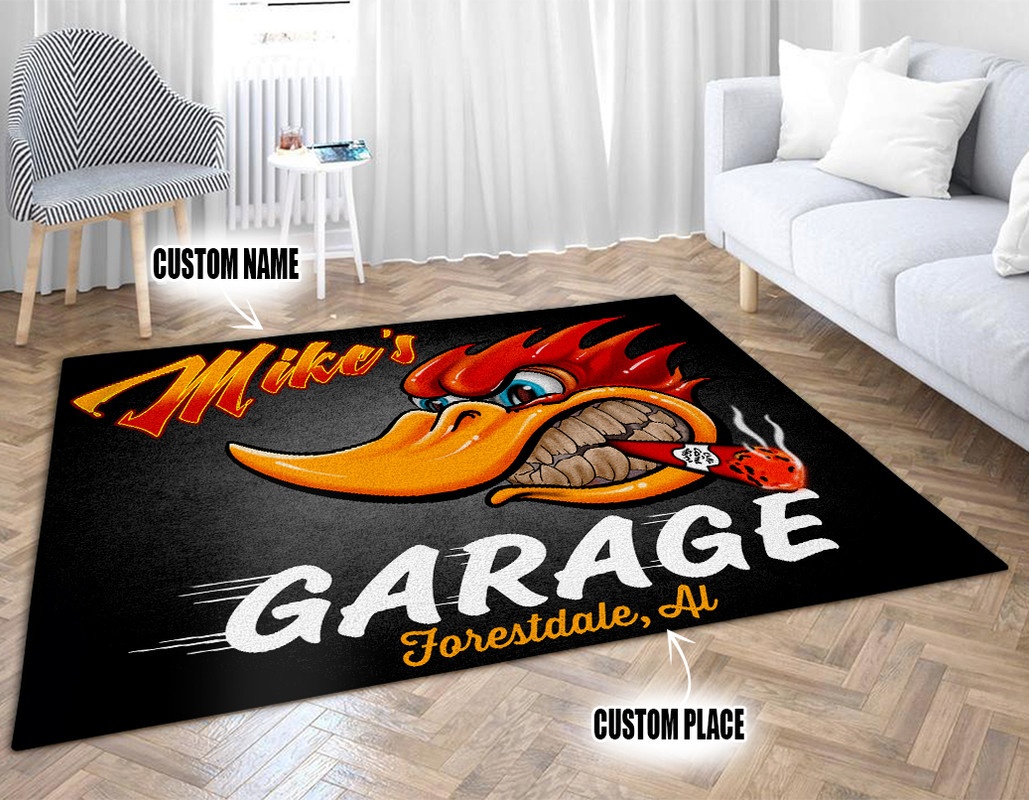 Personalized Mr. Horsepower Hot Rod Woodpecker Rug For Garage - Bluefink