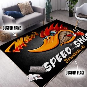 Personalized Hot Rod Woodpecker Area Rugs For The Garage - Bluefink