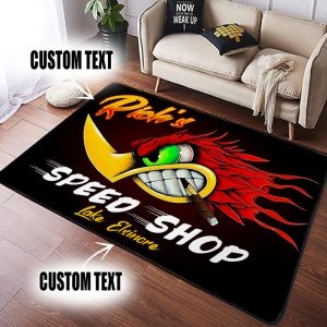 Personalized Speed Shop Hot Rod Mr. Horsepower Woodpecker Area Rug For ...