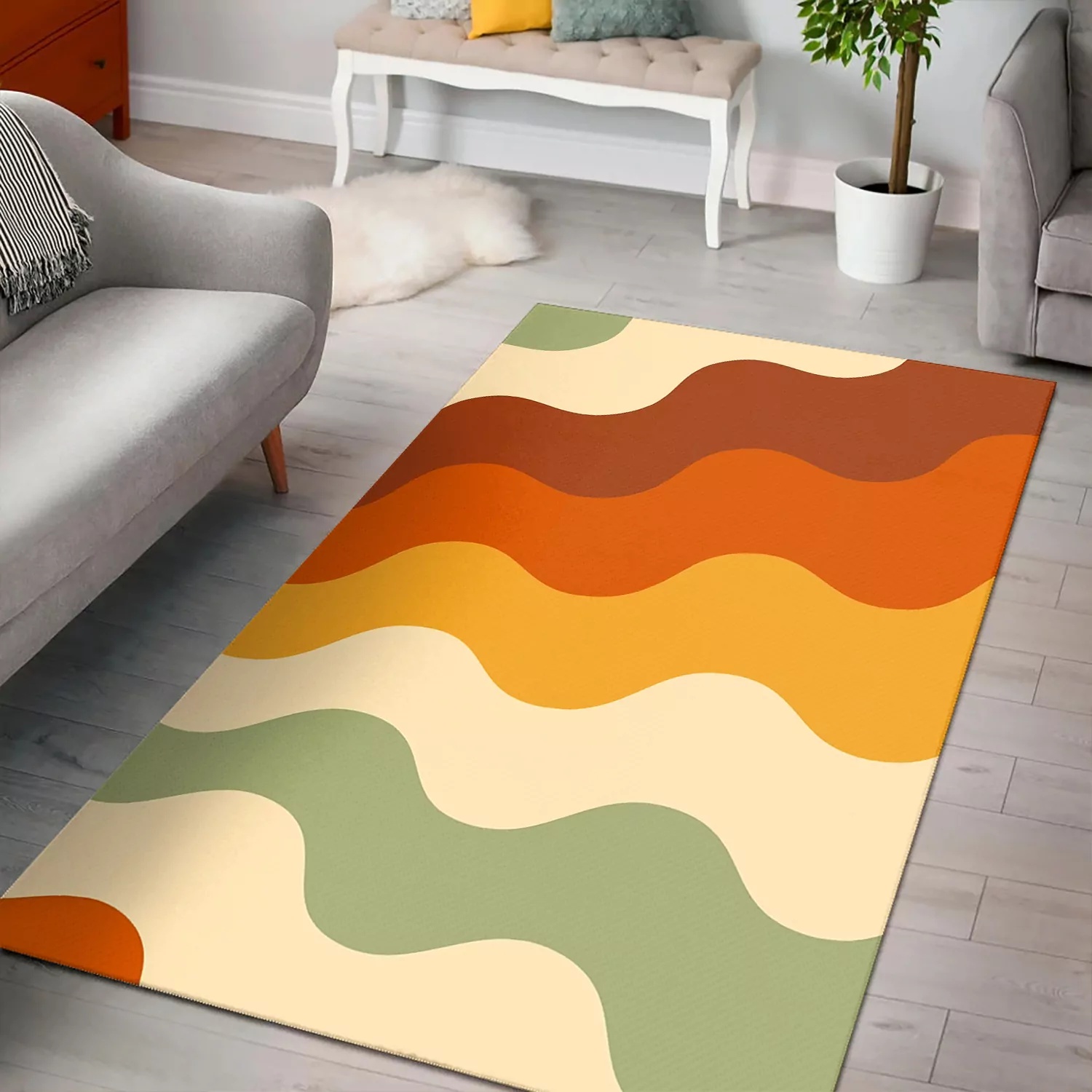Groovy Wavy Vintage Sun Rays in 70s Style Area Rug - Bluefink