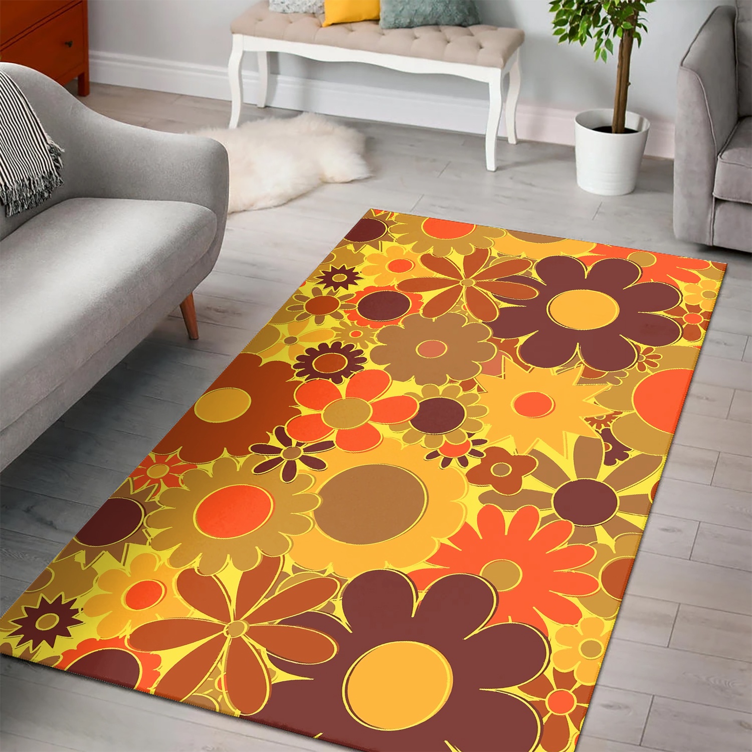 Funky Daisy Floral in Electric Orange 70s Style Rug - Bluefink