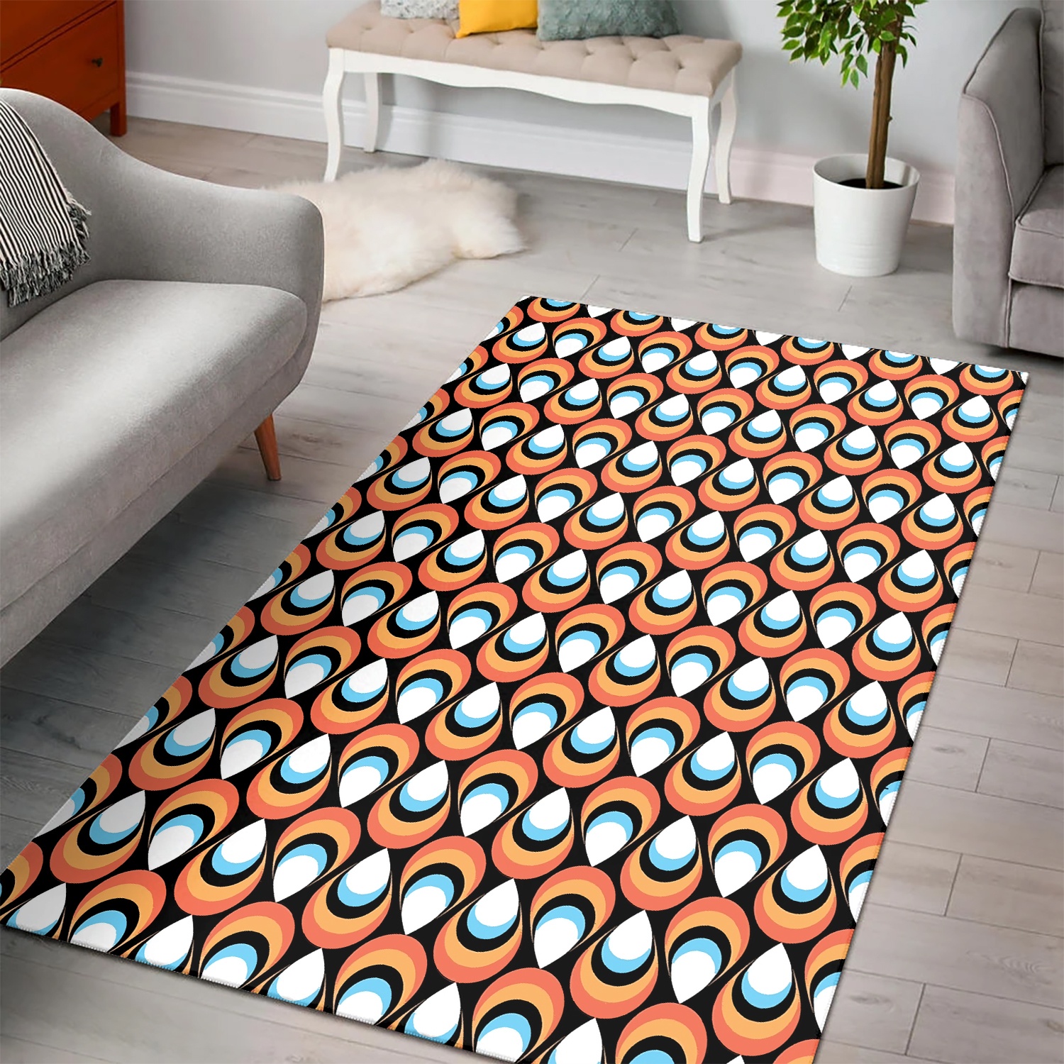 Retro Droplets Pattern In 1970s Style Vintage Area Rug - Bluefink