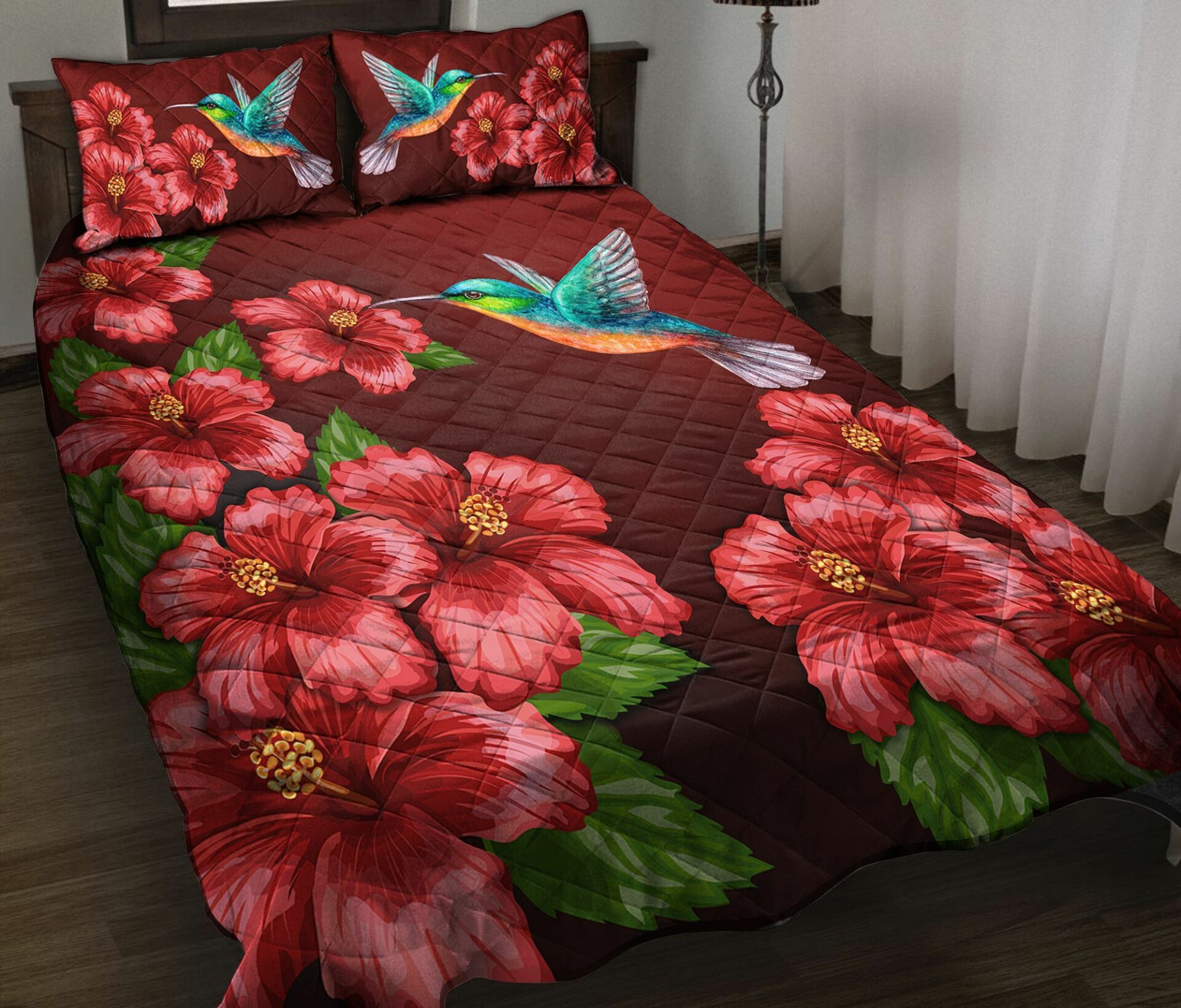 Colorful Hibiscus Flower Hummingbird Quilt Bedding Set - Bluefink