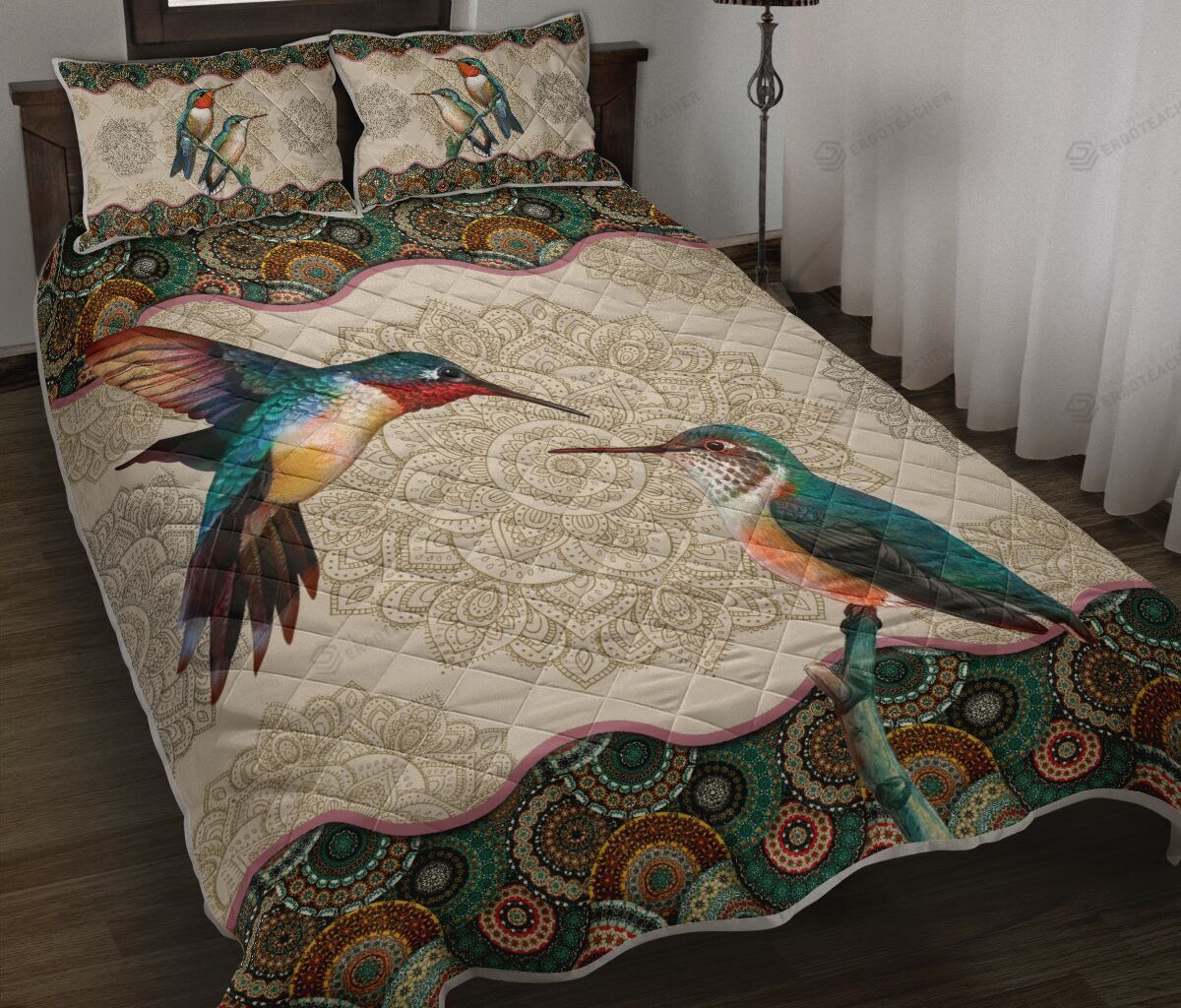 Hummingbird Couple Vintage Mandala Quilt Bed Set - Bluefink
