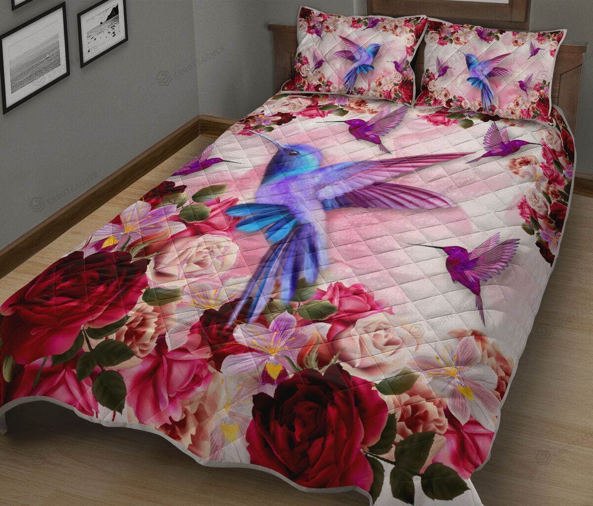 Hummingbird And Flower Bouquet Rose Quilt Bedding Set - Bluefink