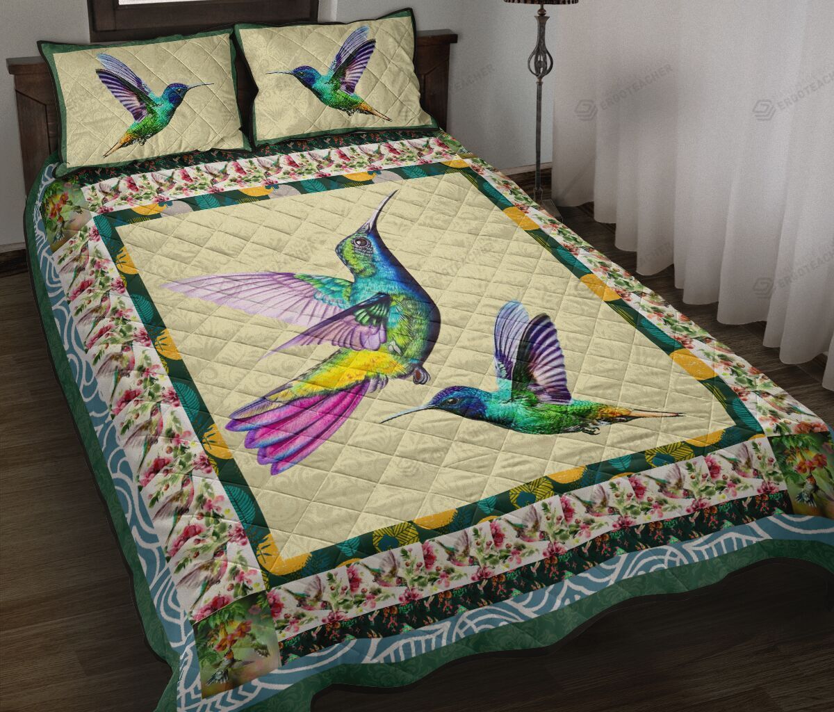 Vintage Hummingbird Couple Quilt Bedding Set - Bluefink