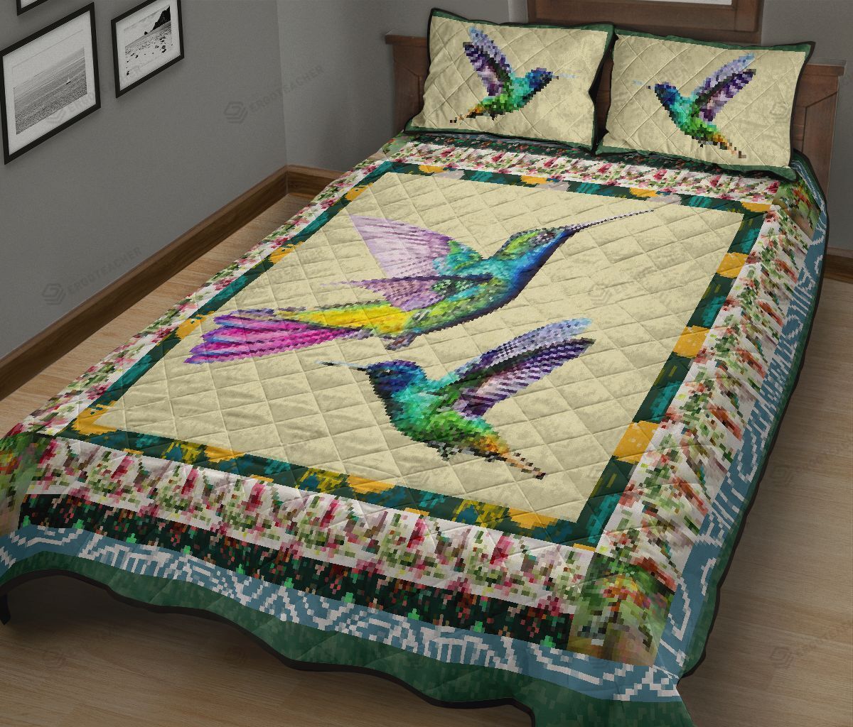 Vintage Hummingbird Couple Quilt Bedding Set - Bluefink