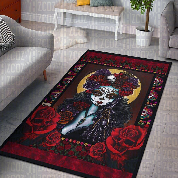 Red Rose Artist Tattoo Girl Day Of The Dead Printed Area Rug - Bluefink