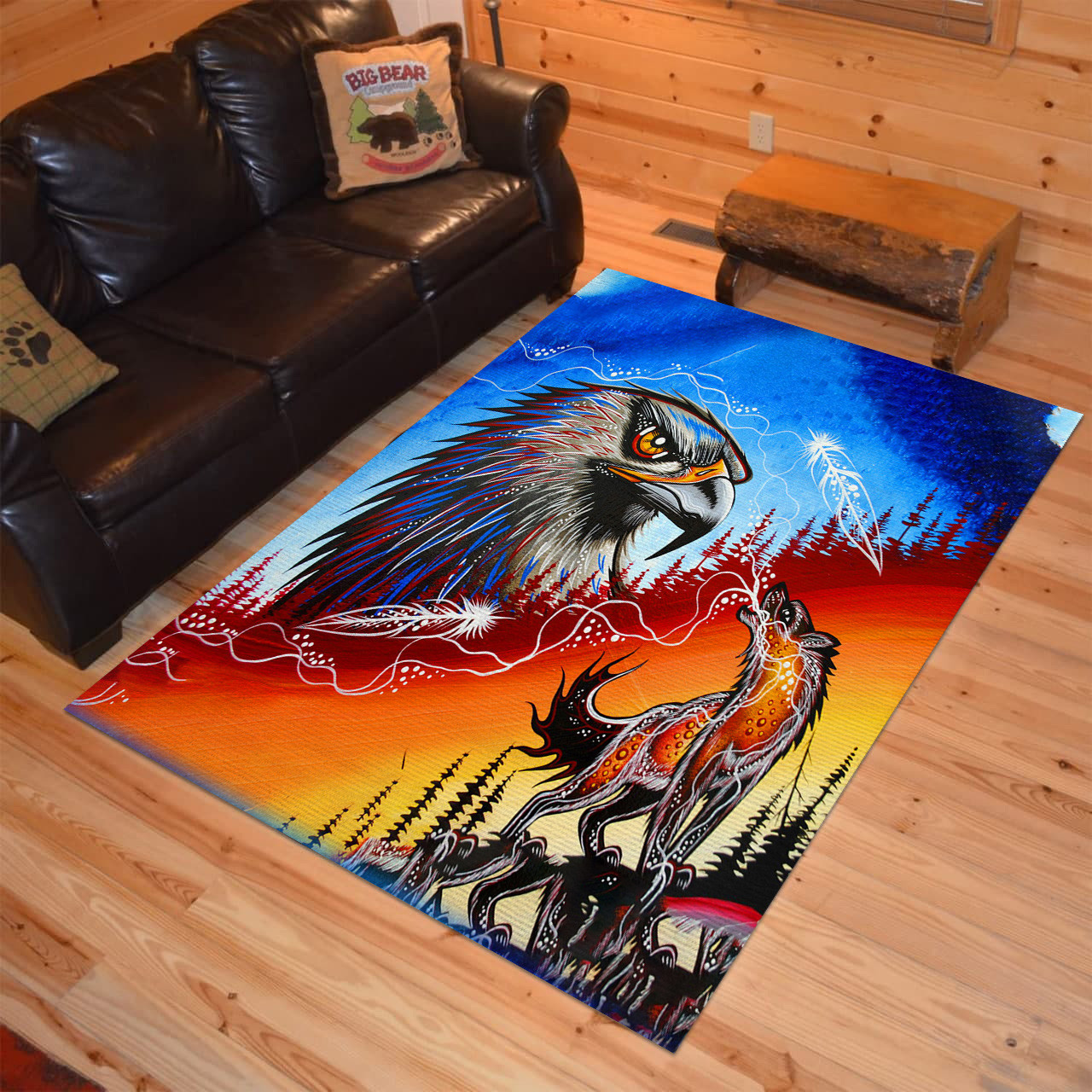 Personalized Native American Blue Eagle Red Wolf Area Rugs - Bluefink