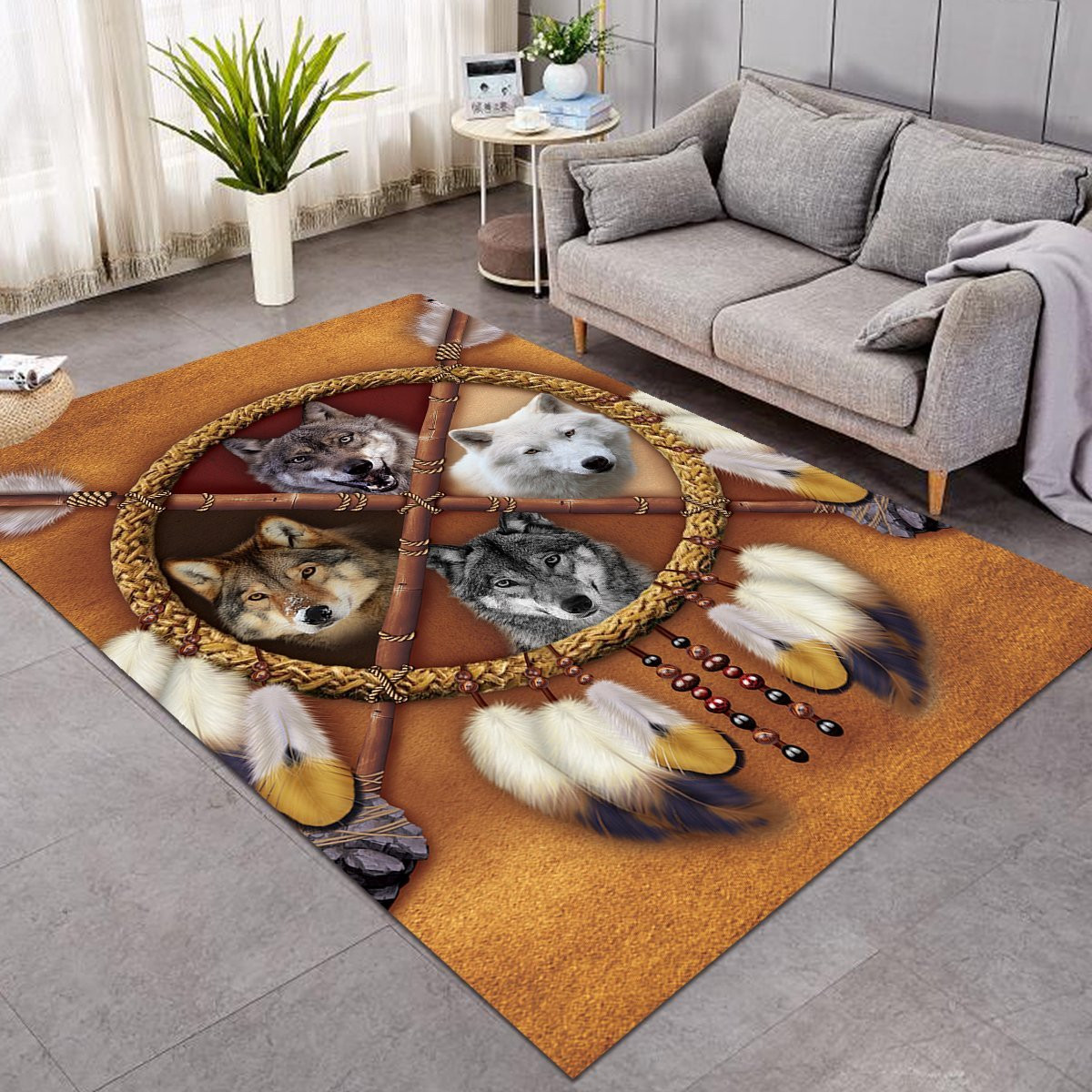 Personalized wolf dreamcatcher Pattern Native American Area Rugs - Bluefink