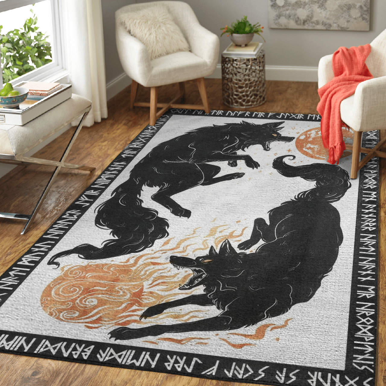 Fenrir - Skoll And Hati - Rune Viking Area Rug - Bluefink