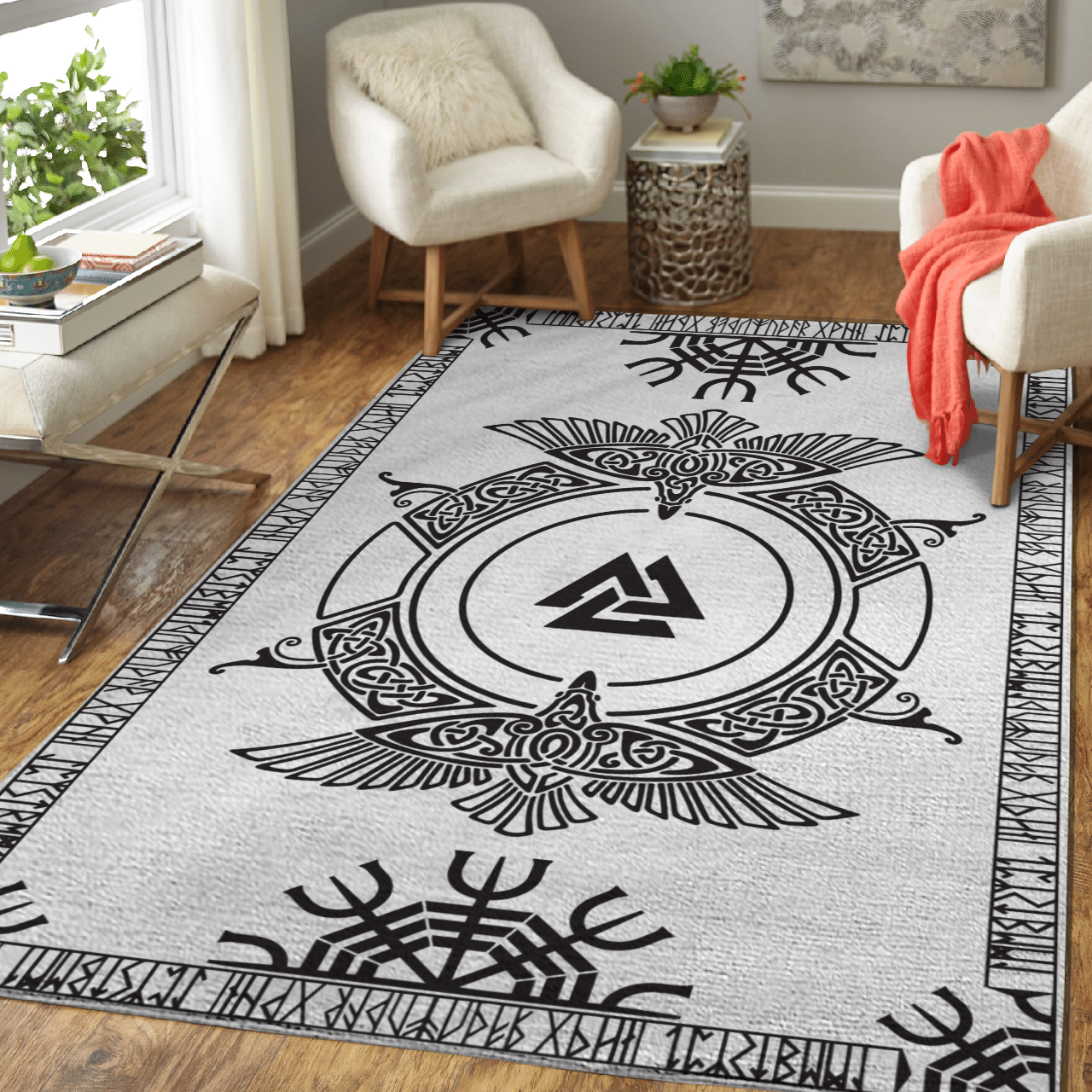 Viking Raven And Runic Viking Area Rug - Bluefink