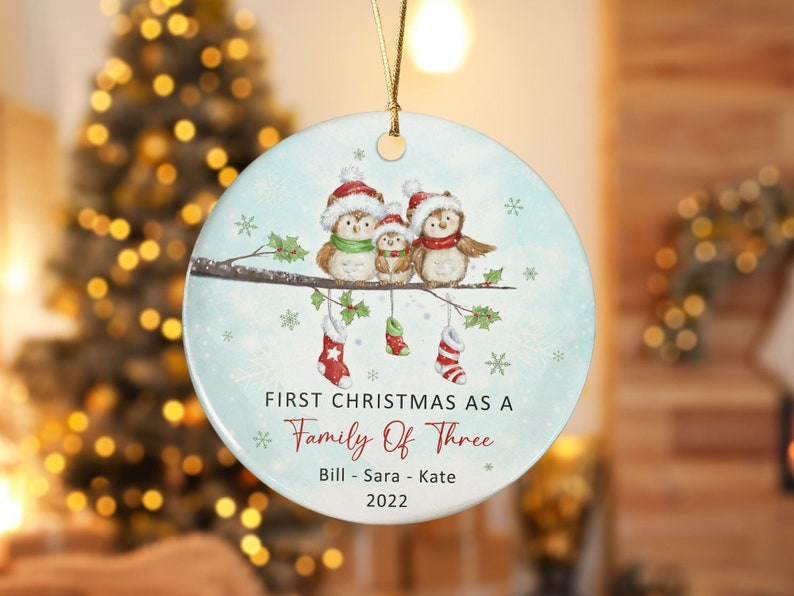 Custom First Christmas As A Family Of Three Owl Ceramic Ornament, New ...