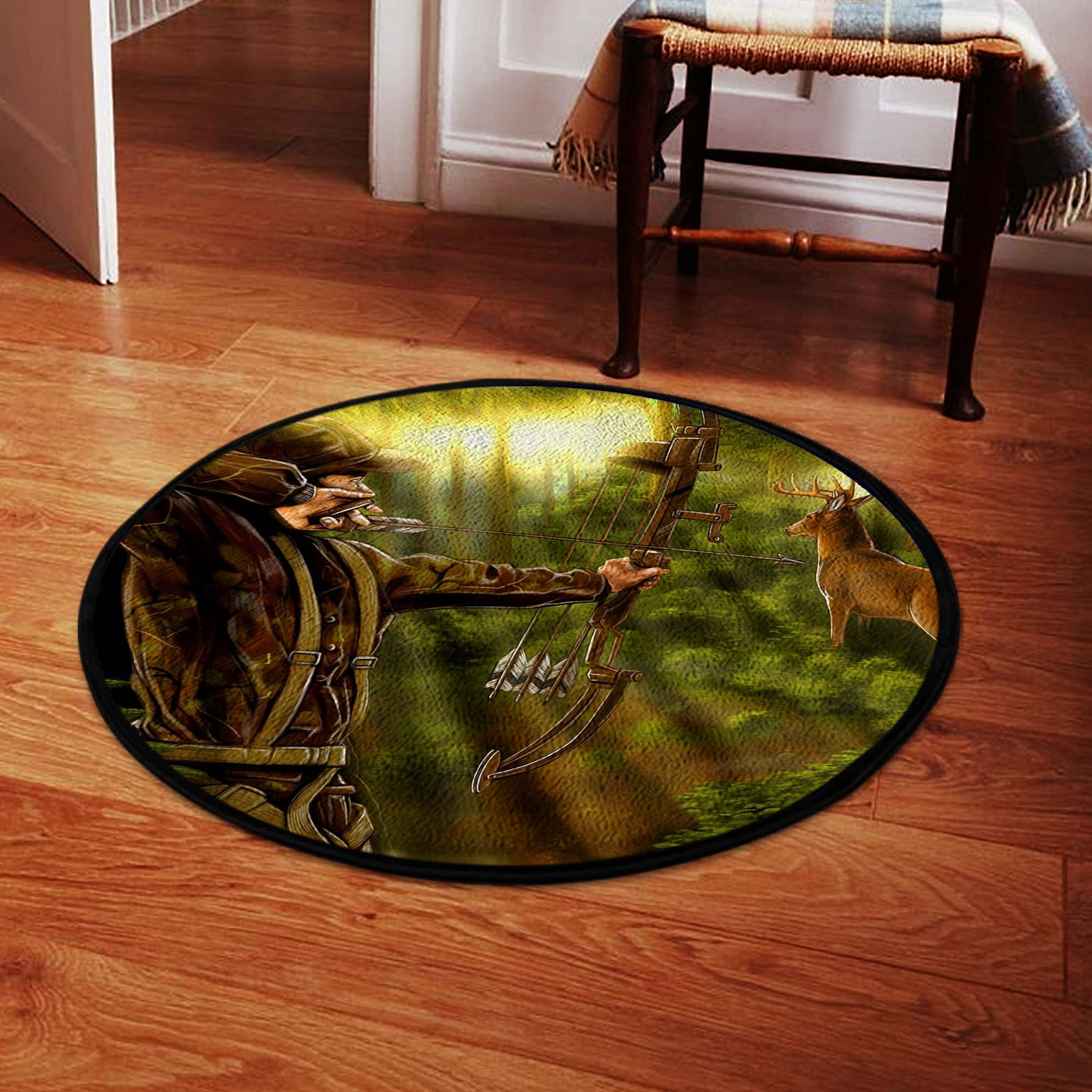 Deer Bow Hunting Round Rug, Carpet - Bluefink
