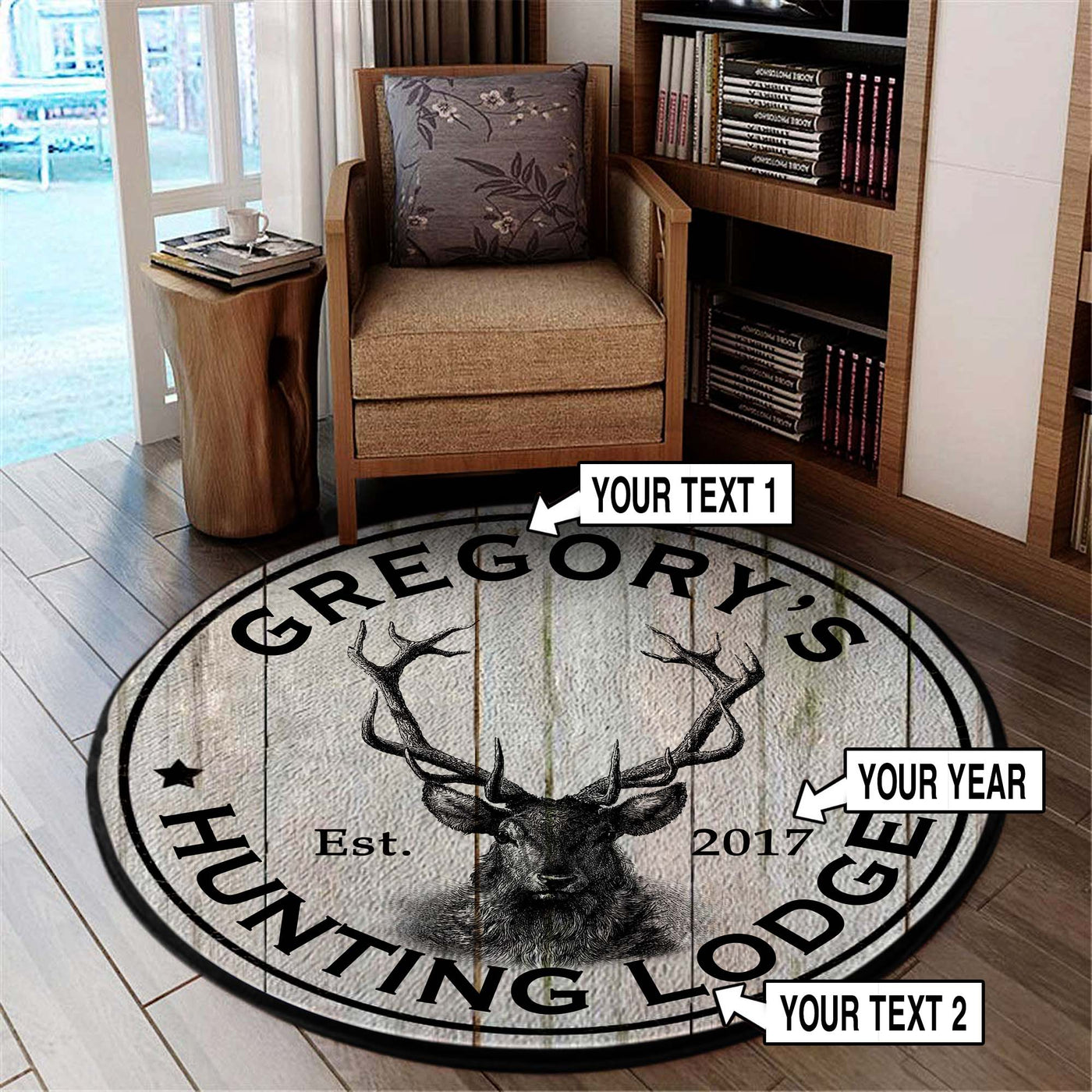 Deer Hunting Lodge Rustic Round Rug, Carpet - Bluefink