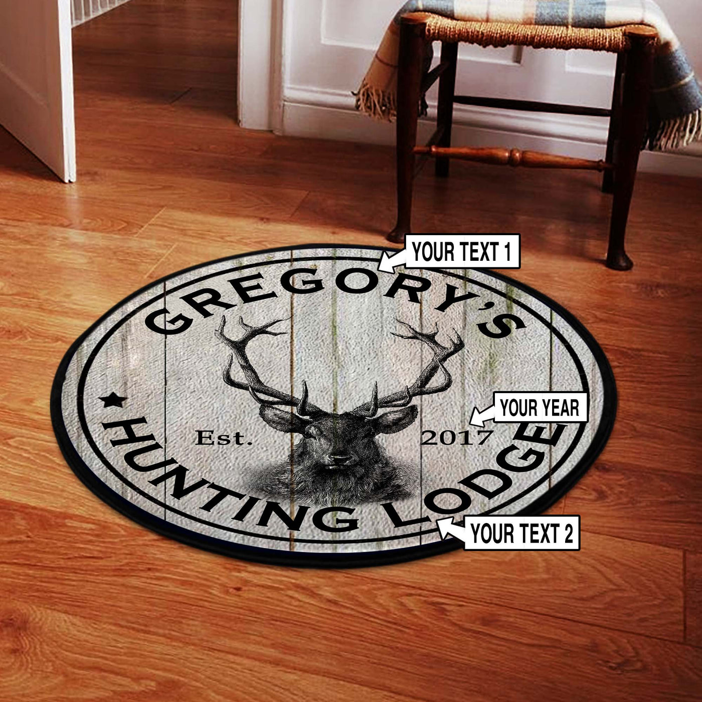 Deer Hunting Lodge Rustic Round Rug, Carpet - Bluefink