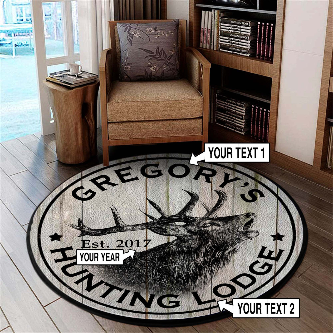 Deer Hunting Lodge Rustic Round Rug, Hunting Themed Carpet - Bluefink