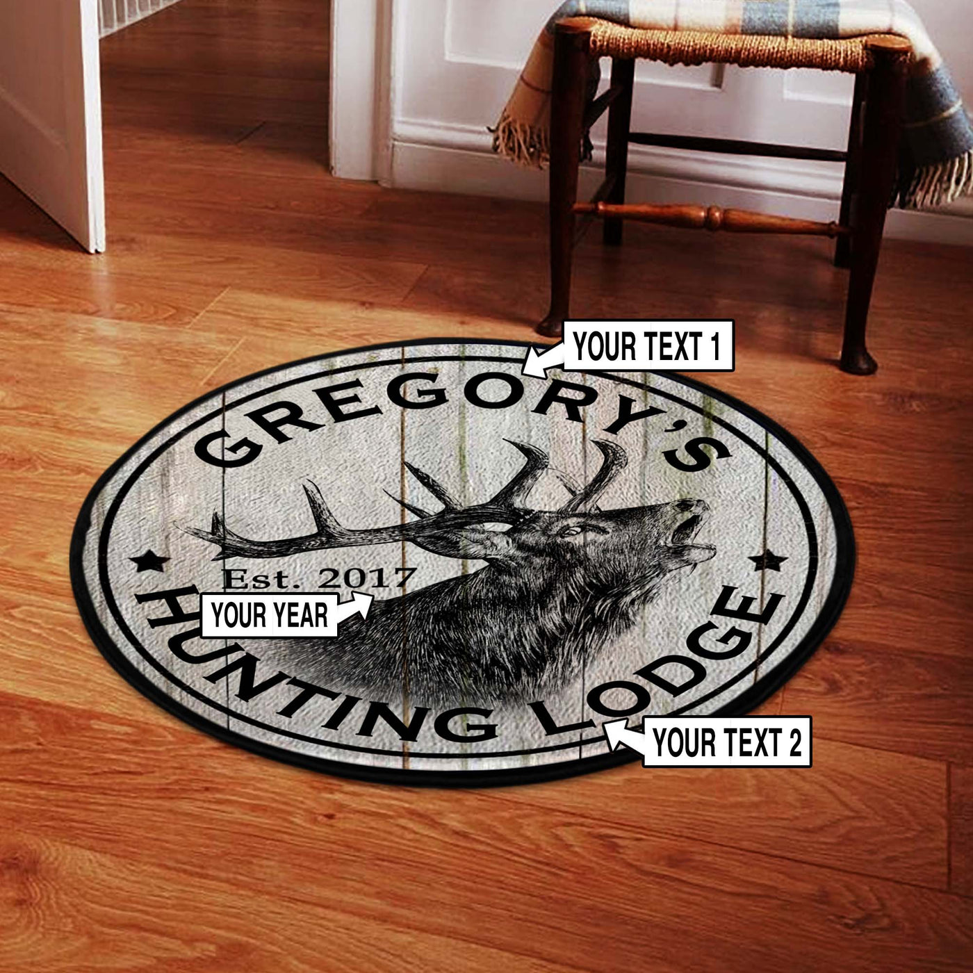 Deer Hunting Lodge Rustic Round Rug, Hunting Themed Carpet - Bluefink