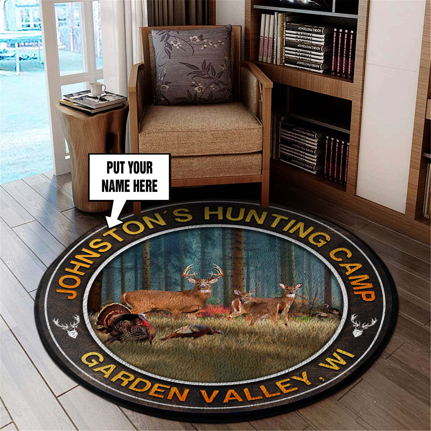 Deer With Turkey Hunting Camp Round Rug, Carpet - Bluefink