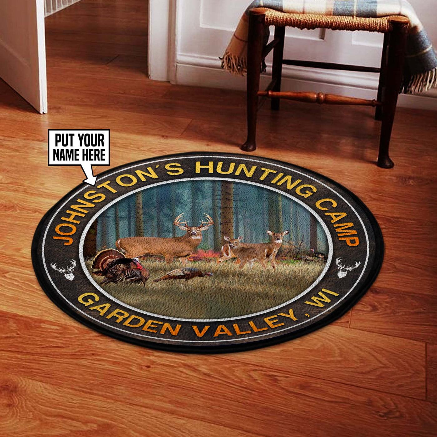 Deer With Turkey Hunting Camp Round Rug, Carpet - Bluefink