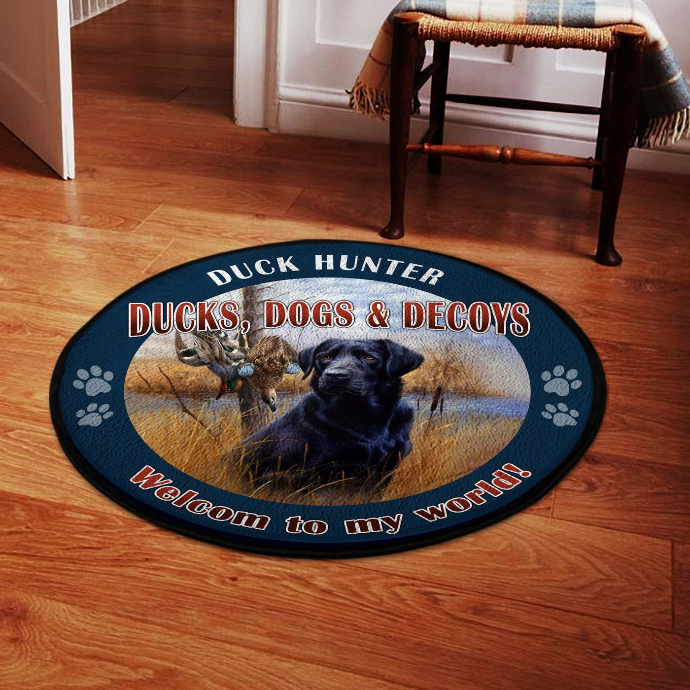 Duck Hunter Welcome Round Rug, Carpet - Bluefink