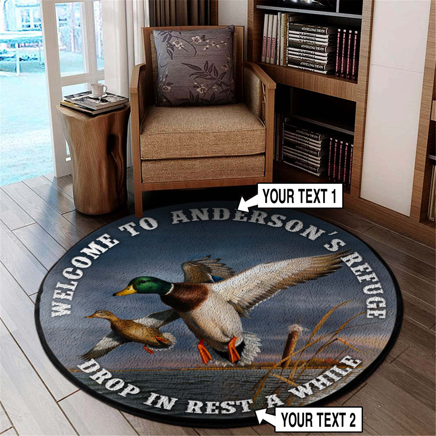 Duck Hunting Welcome Round Rug, Carpet - Bluefink