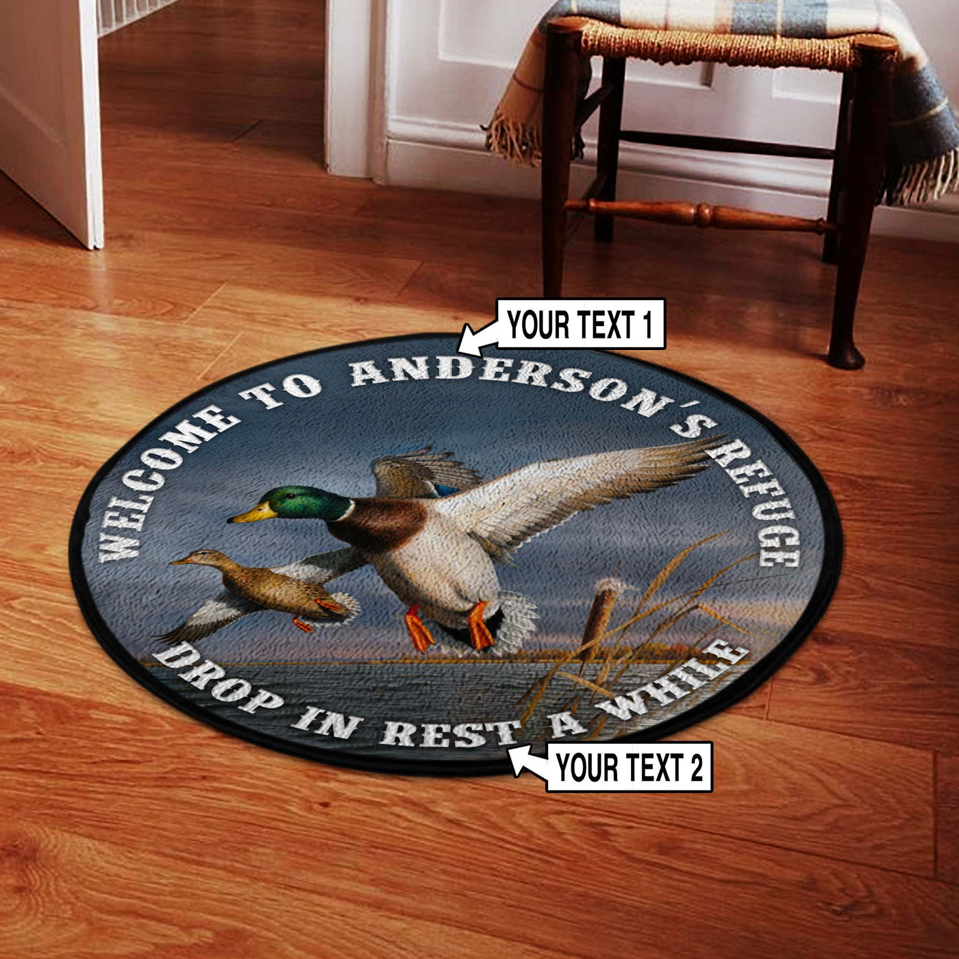 Duck Hunting Welcome Round Rug, Carpet - Bluefink