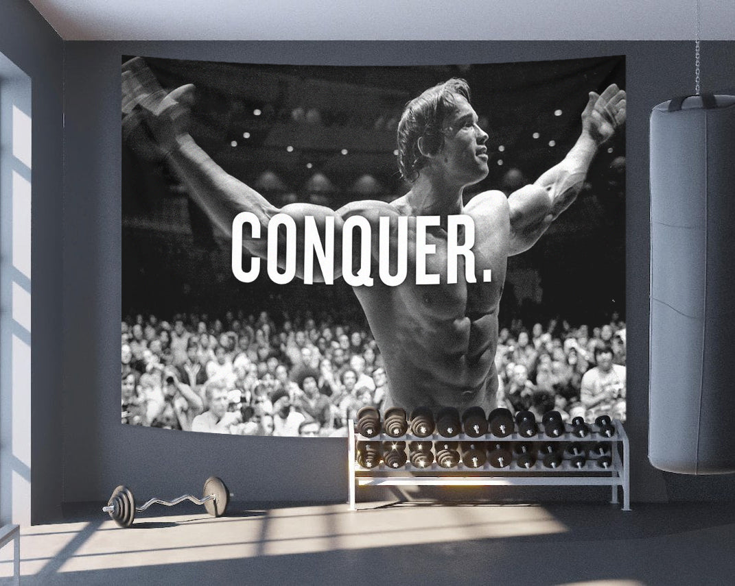 Home Gym Decor Conquer Motivational Quotes Flag Banner Tapestry - Bluefink
