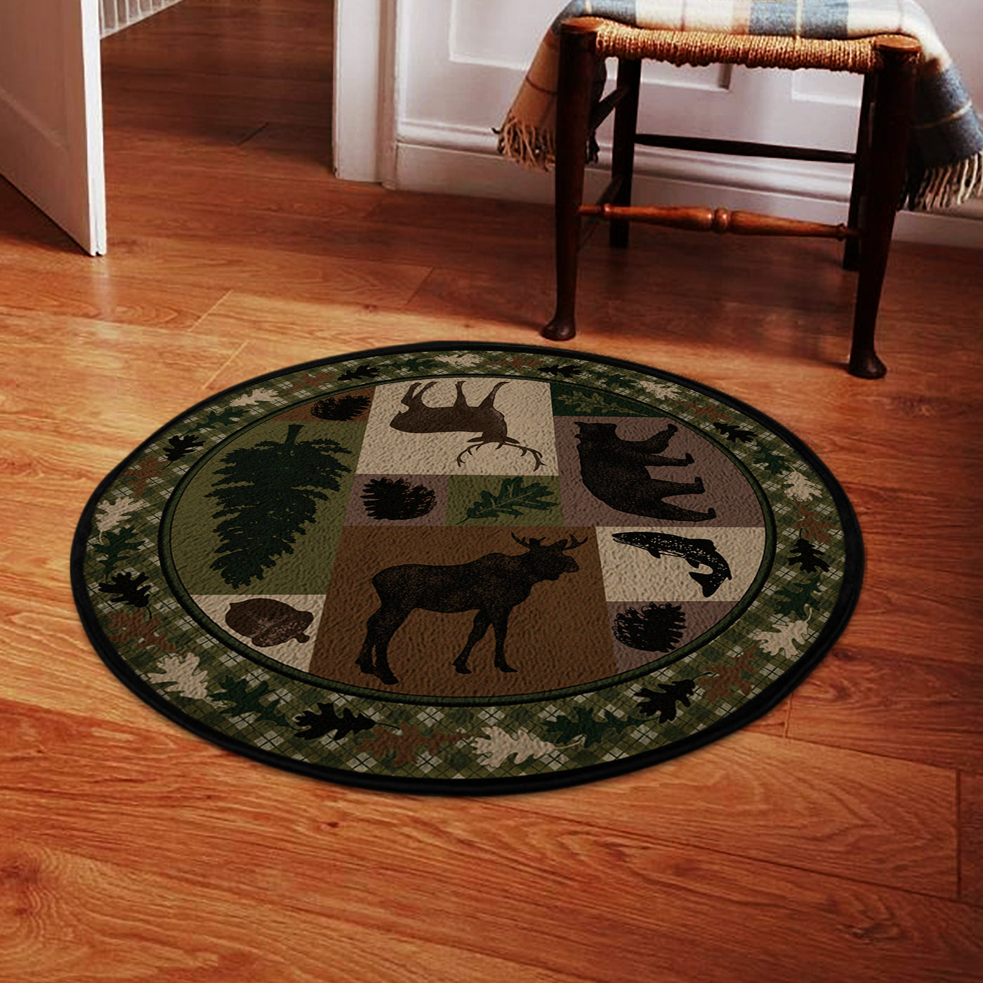 Hunting Cabin Welcome Round Rug, Carpet - Bluefink