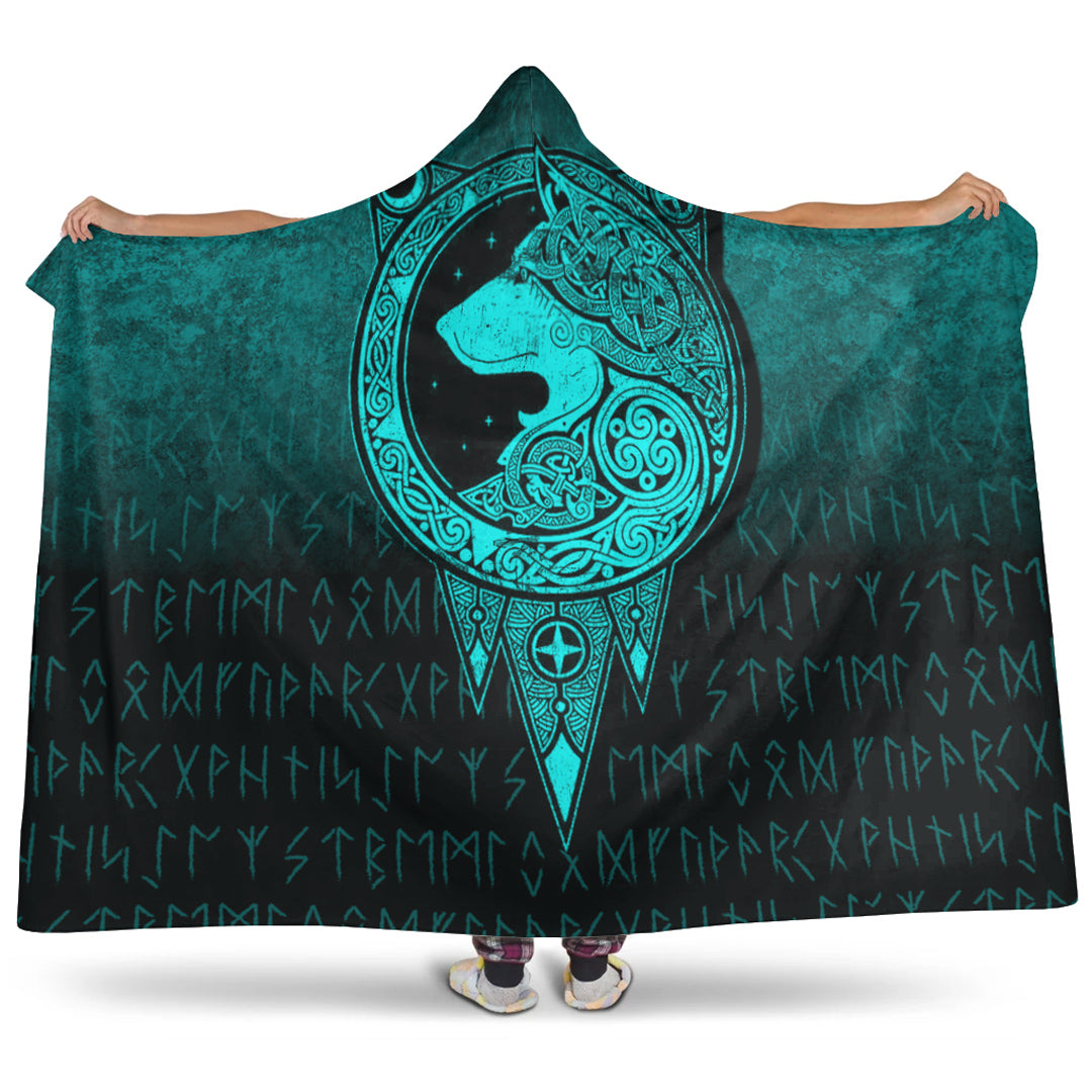 Norse Wolf Cyan Version Viking Hooded Blanket - Bluefink