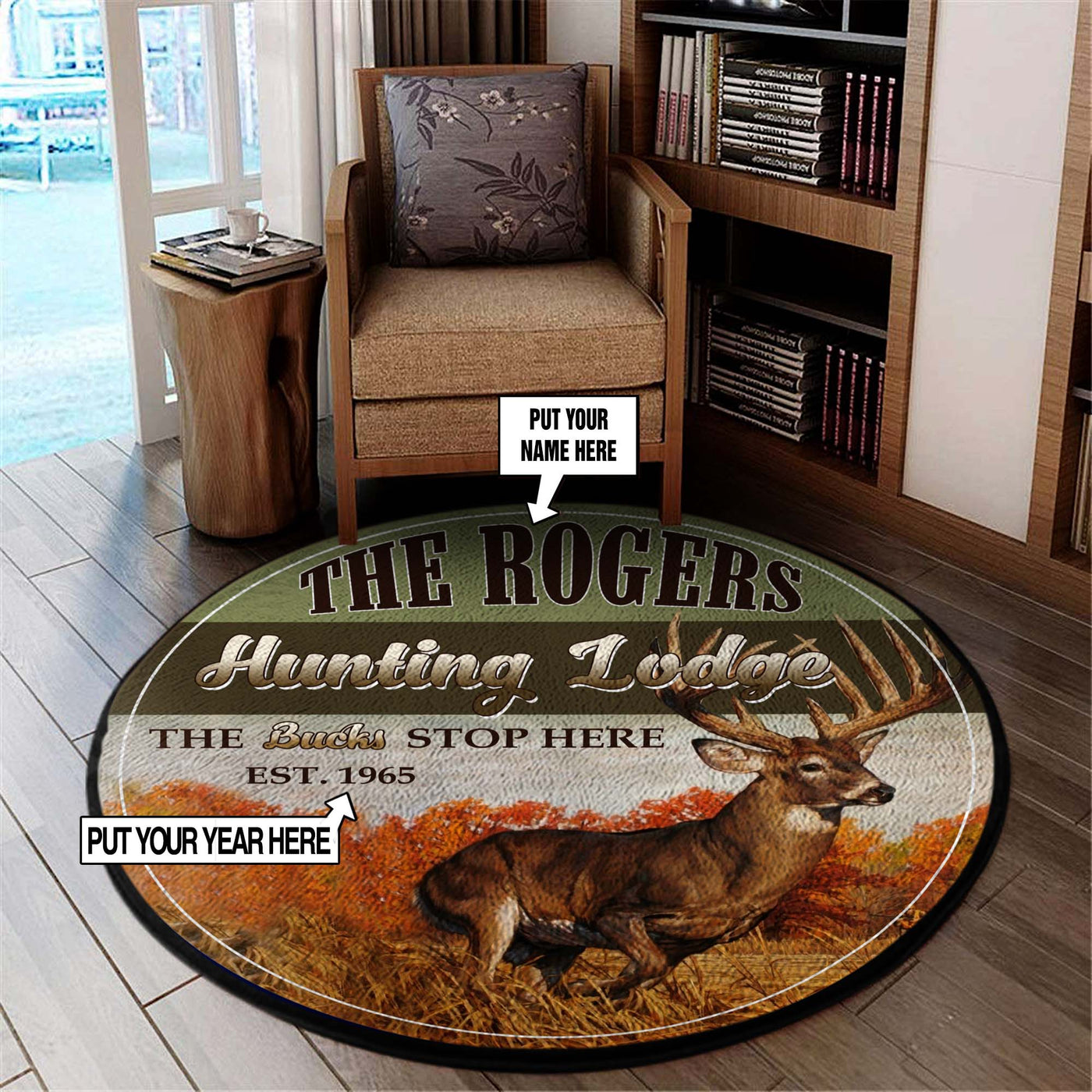Personalization Hunting Lodge Round Rug, Carpet - Bluefink