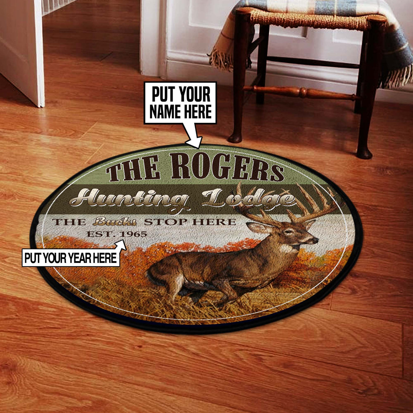 Personalization Hunting Lodge Round Rug, Carpet - Bluefink