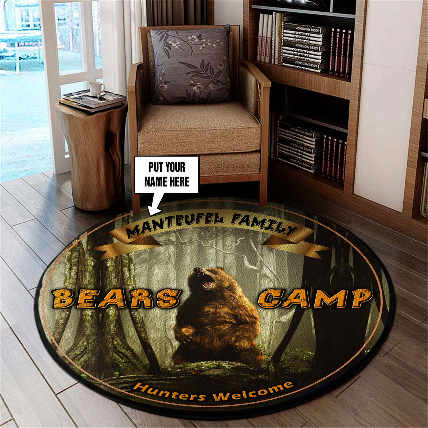 Personalized Bears Camp Hunting Round Rug, Carpet - Bluefink