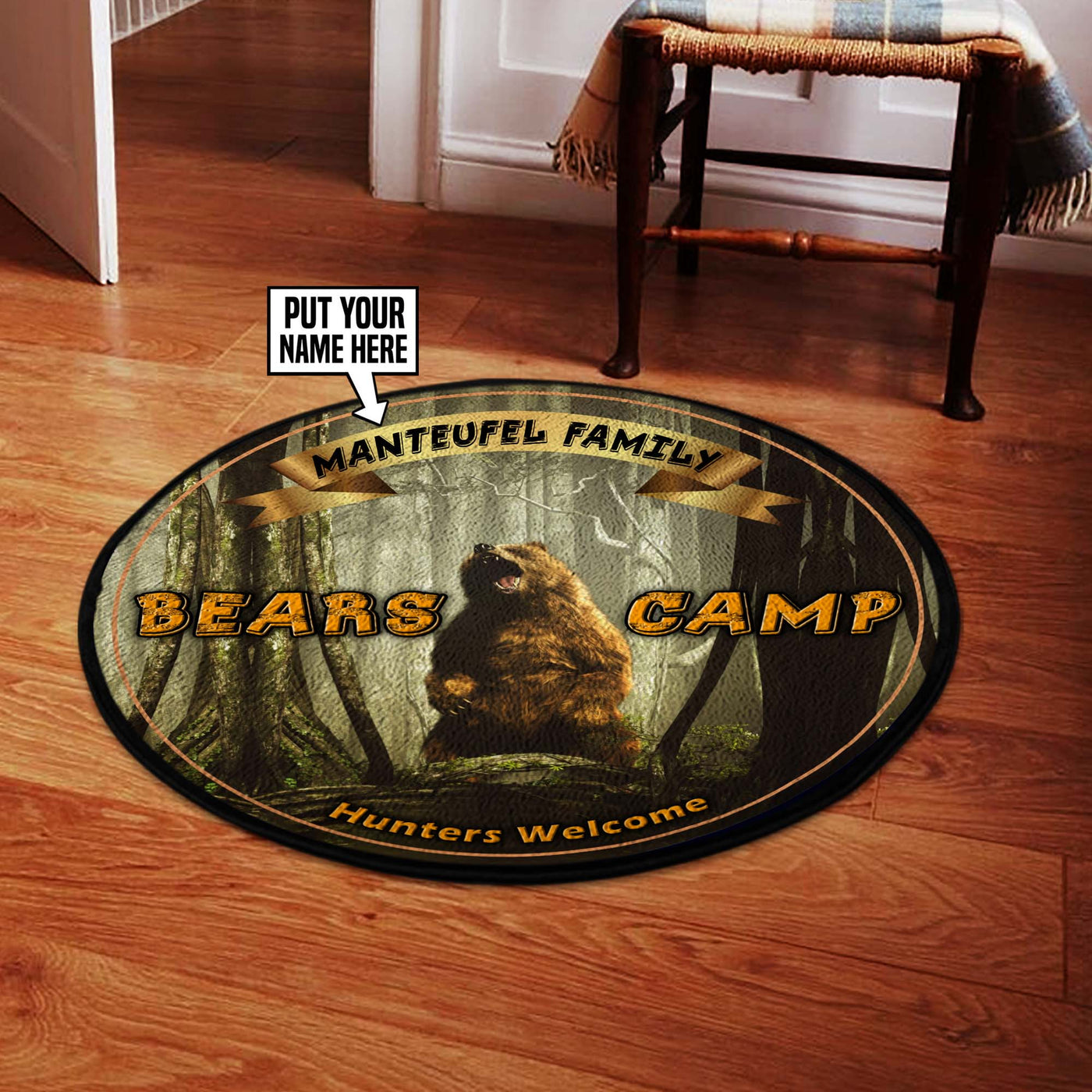 Personalized Bears Camp Hunting Round Rug, Carpet - Bluefink