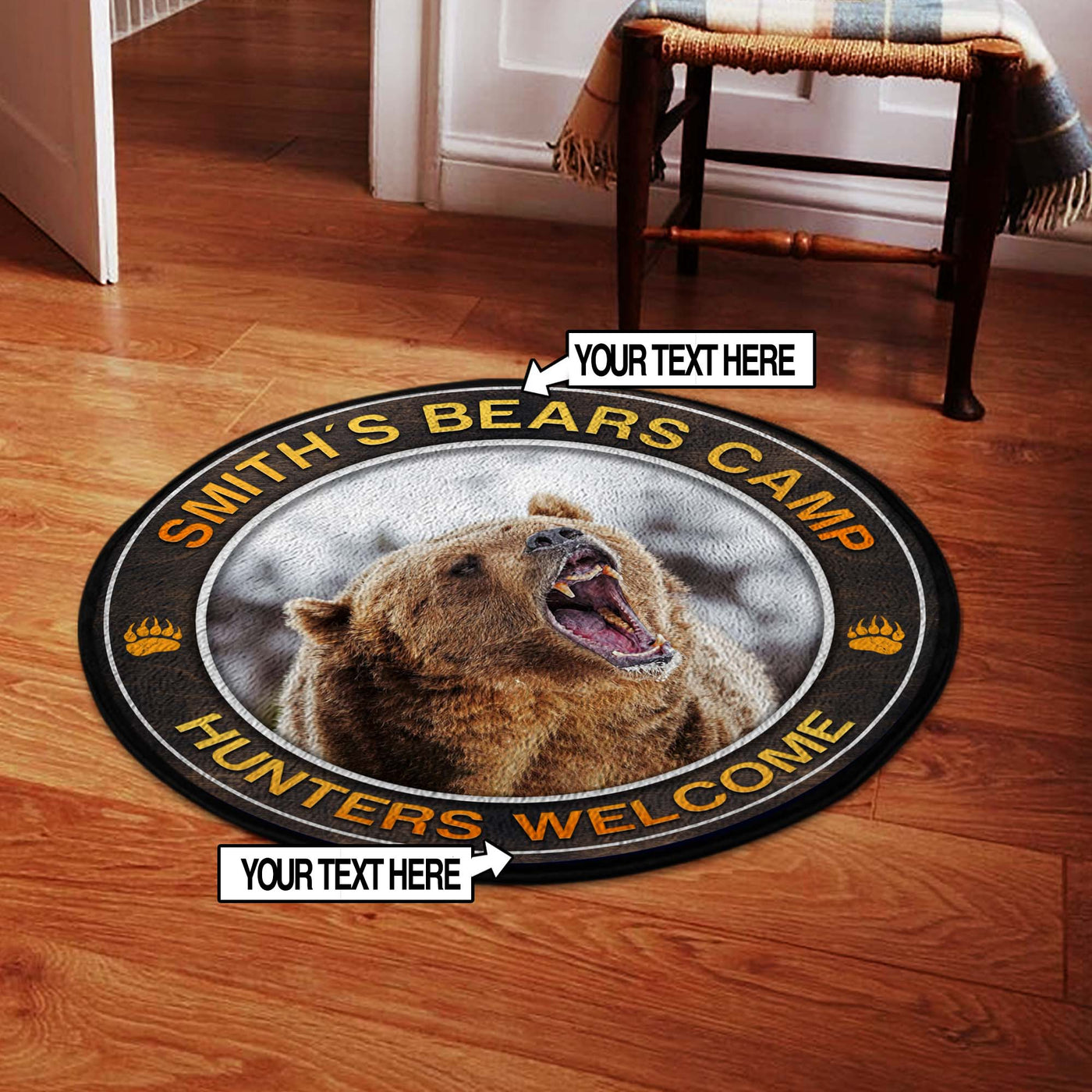 Personalized Bears Hunting Welcome Round Rug, Carpet - Bluefink