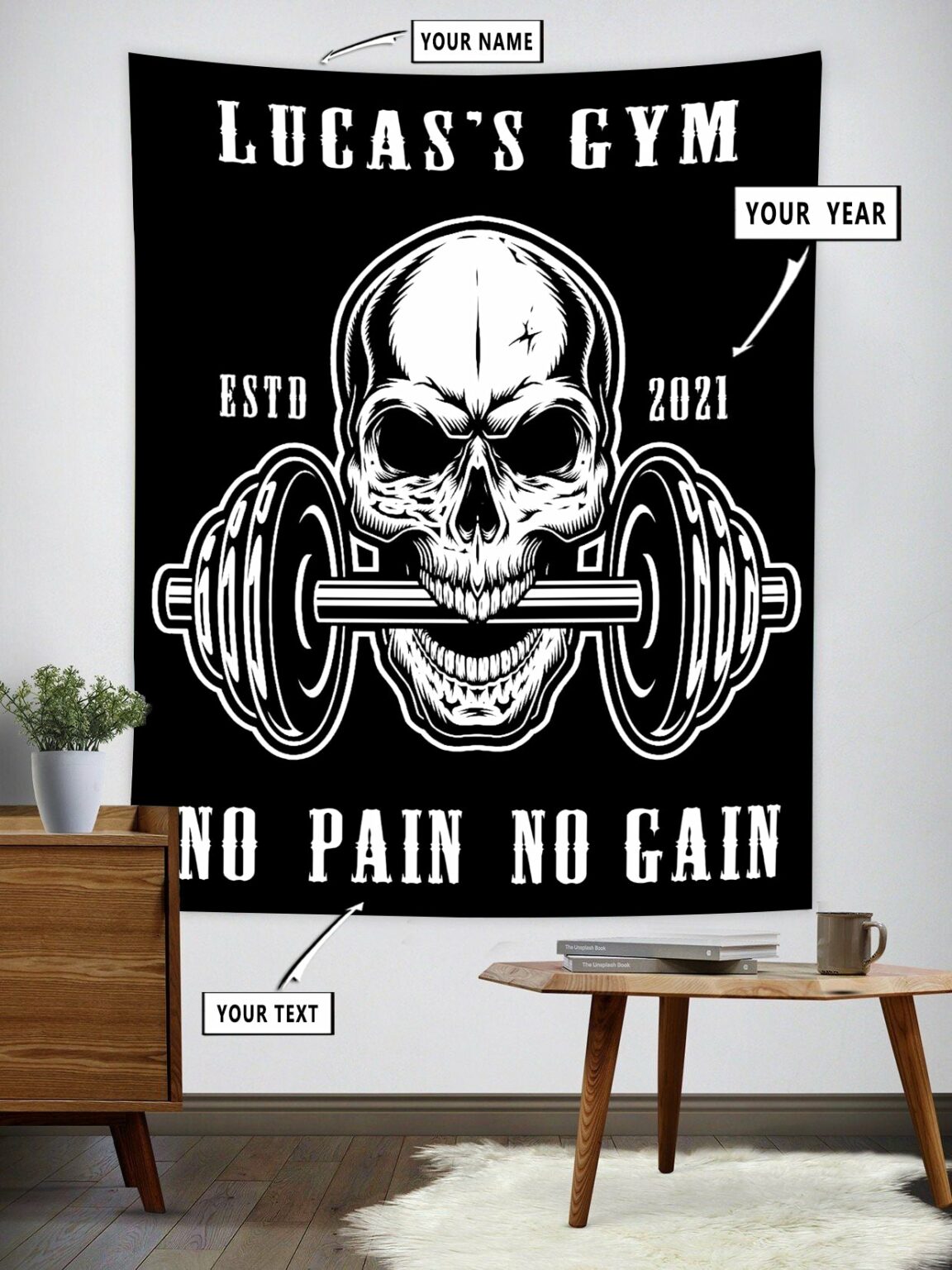 Personalized Bodybuilding Flag Tapestry Gym Decor Skull Dumbbell Wall ...