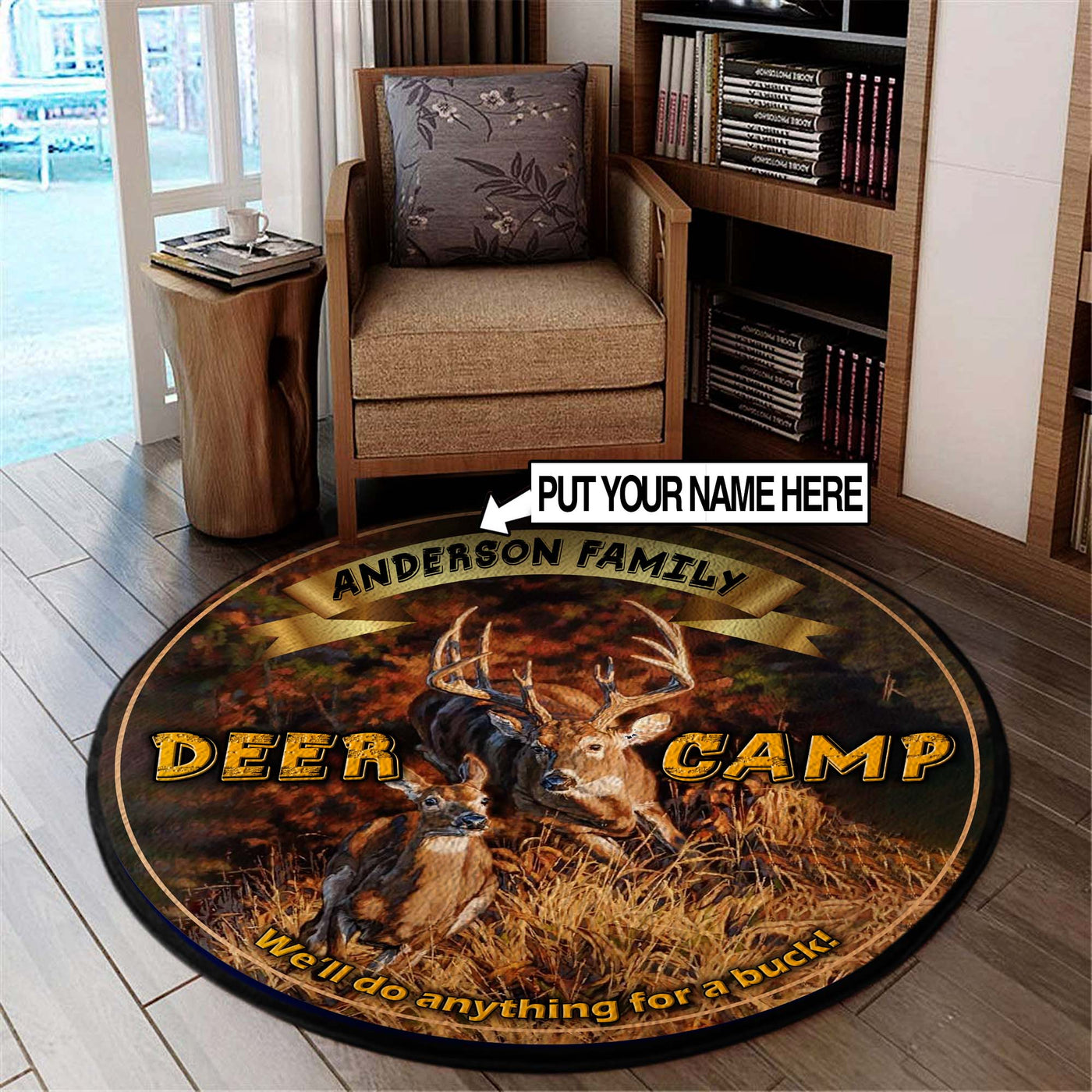 Personalized Deer Camp Hunting Round Rug, Carpet - Bluefink