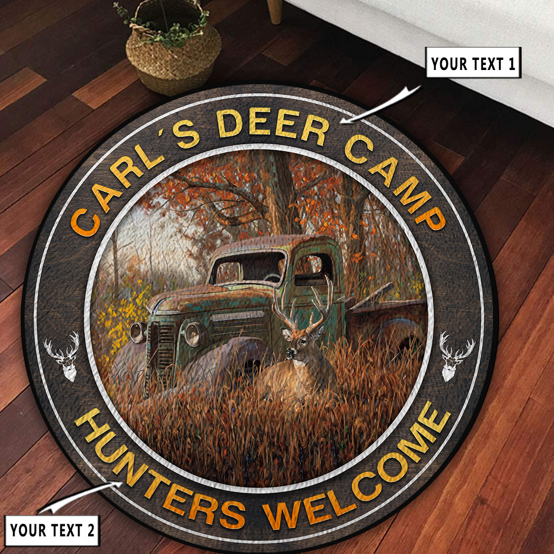 Personalized Deer Camp Hunting Round Rug, Hunting Rugs - Bluefink