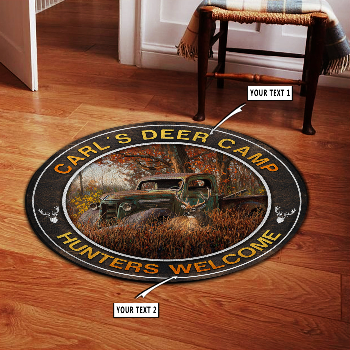 Personalized Deer Camp Hunting Round Rug, Hunting Rugs - Bluefink