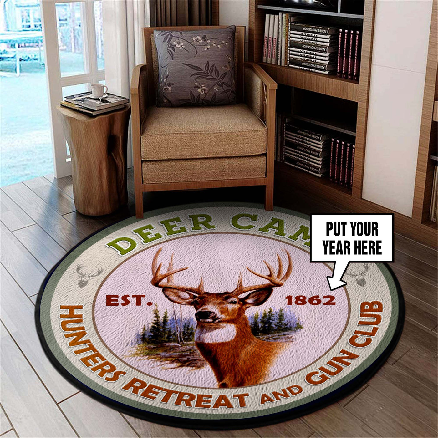 Personalized Deer Camp Round Rug, Deer Themed Carpet - Bluefink