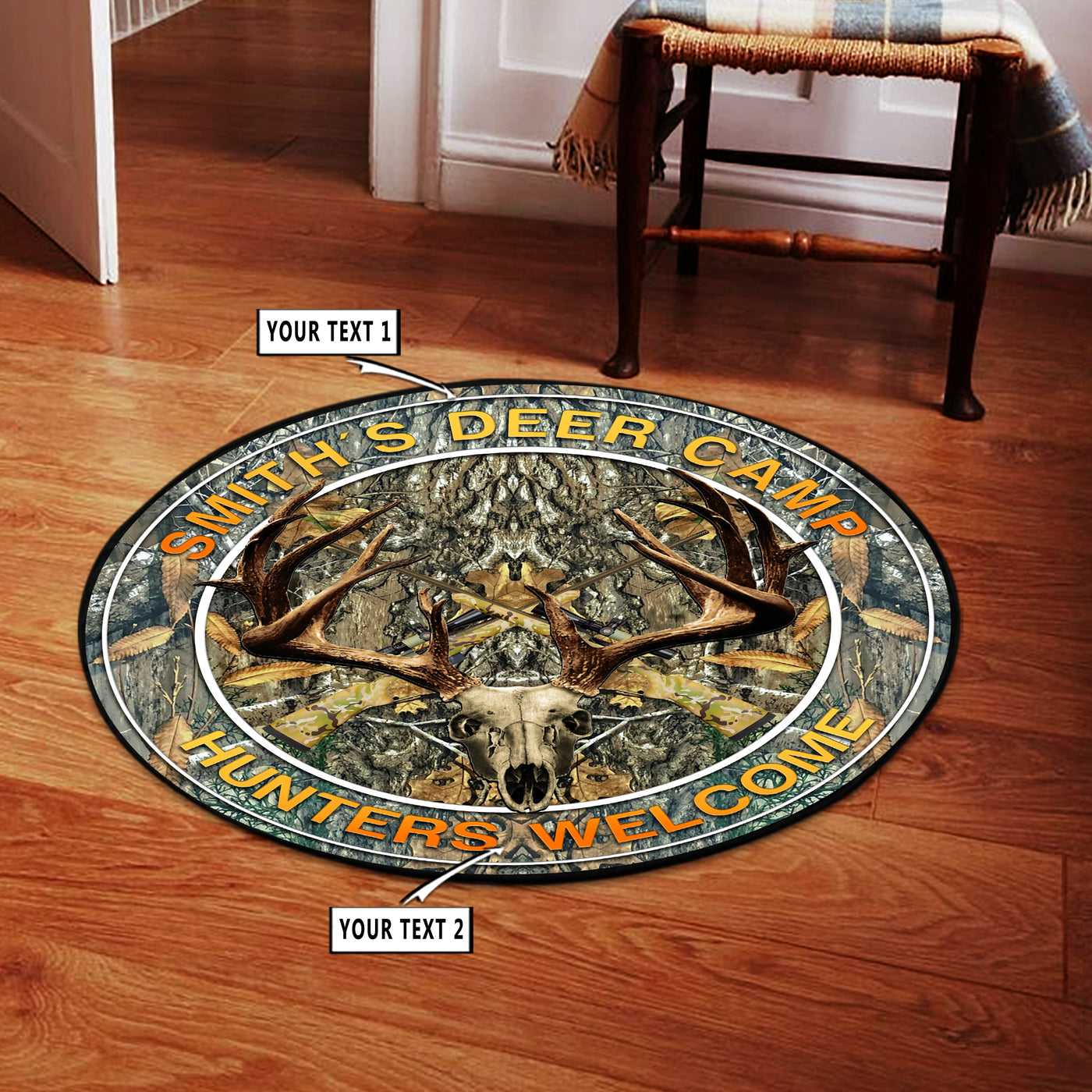 Personalized Deer Hunting Camo Round Rug, Carpet - Bluefink