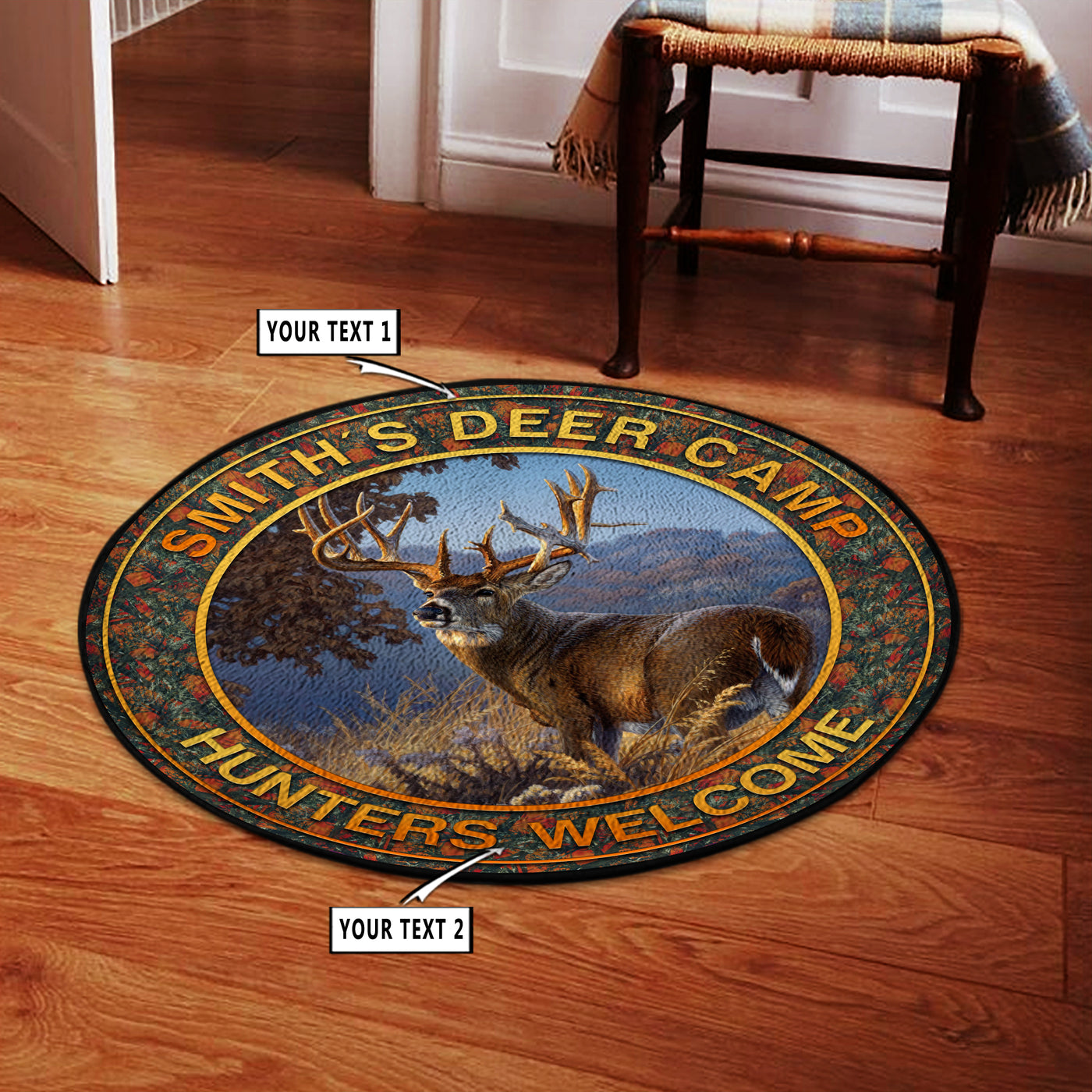 Personalized Deer Hunting Camo Round Rug, Hunting Carpet - Bluefink