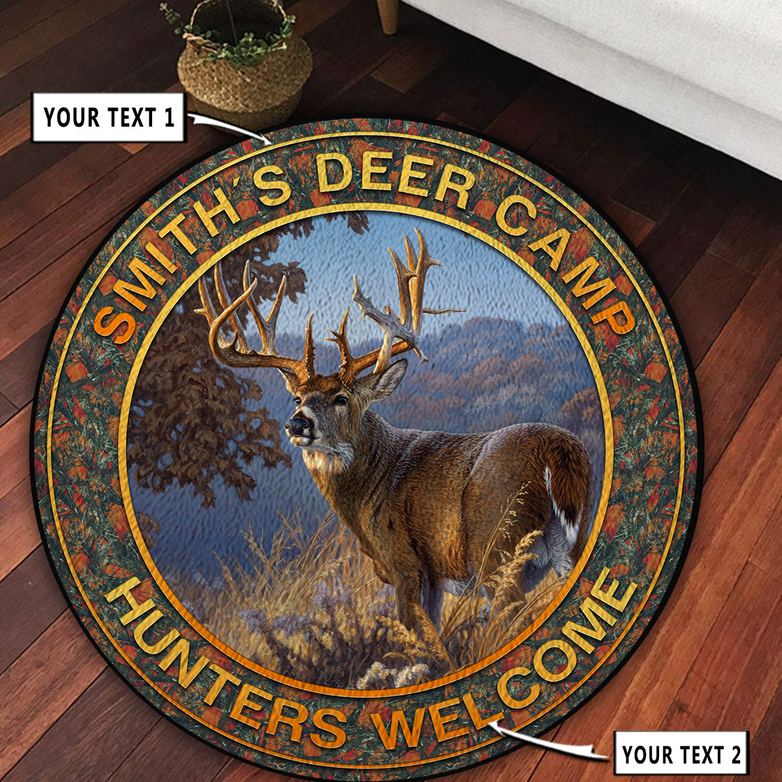 Personalized Deer Hunting Camo Round Rug, Hunting Carpet - Bluefink