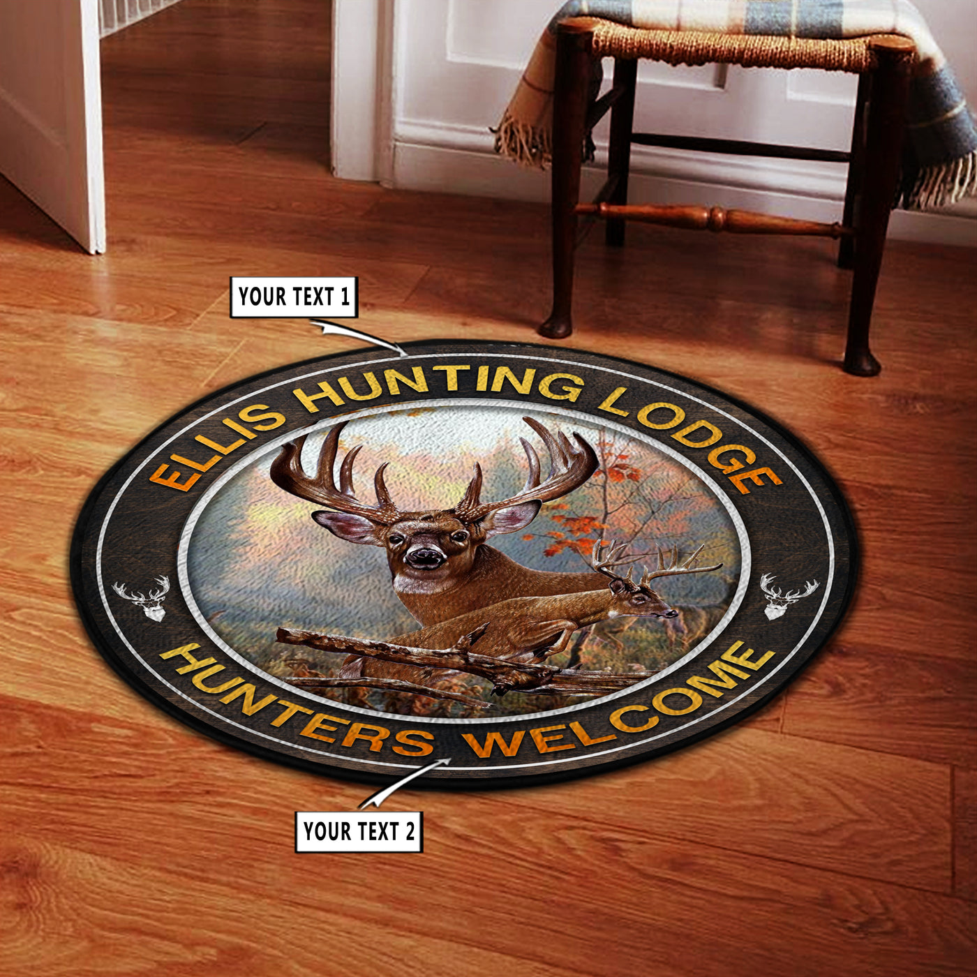 Personalized Deer Hunting Lodge Decor Round Rug, Carpet - Bluefink