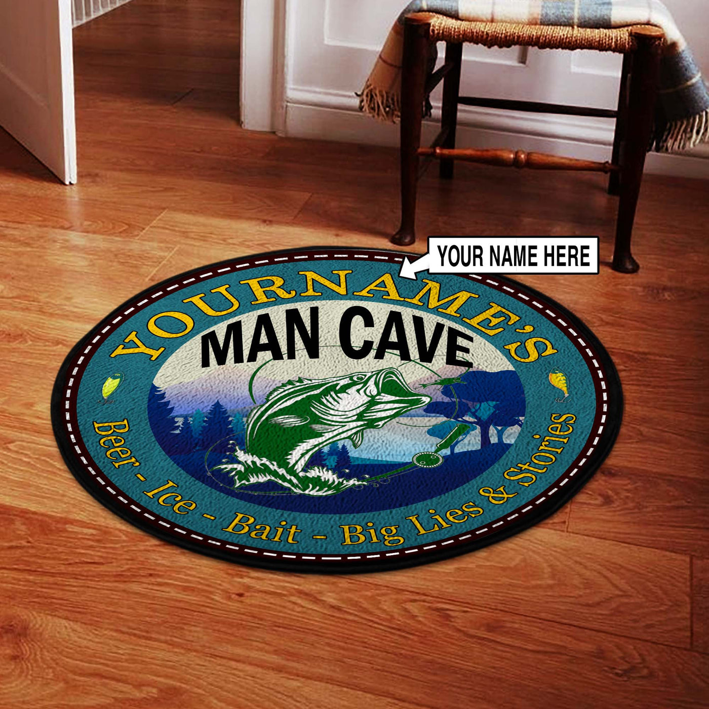 Personalized Fishing Man Cave Round Rug, Carpet - Bluefink