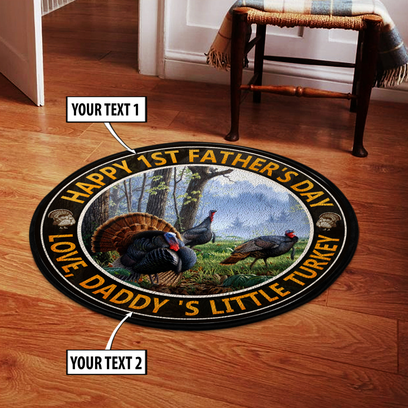 Personalized Happy Fathers Day Hunting Turkey Round Rug, Carpet - Bluefink