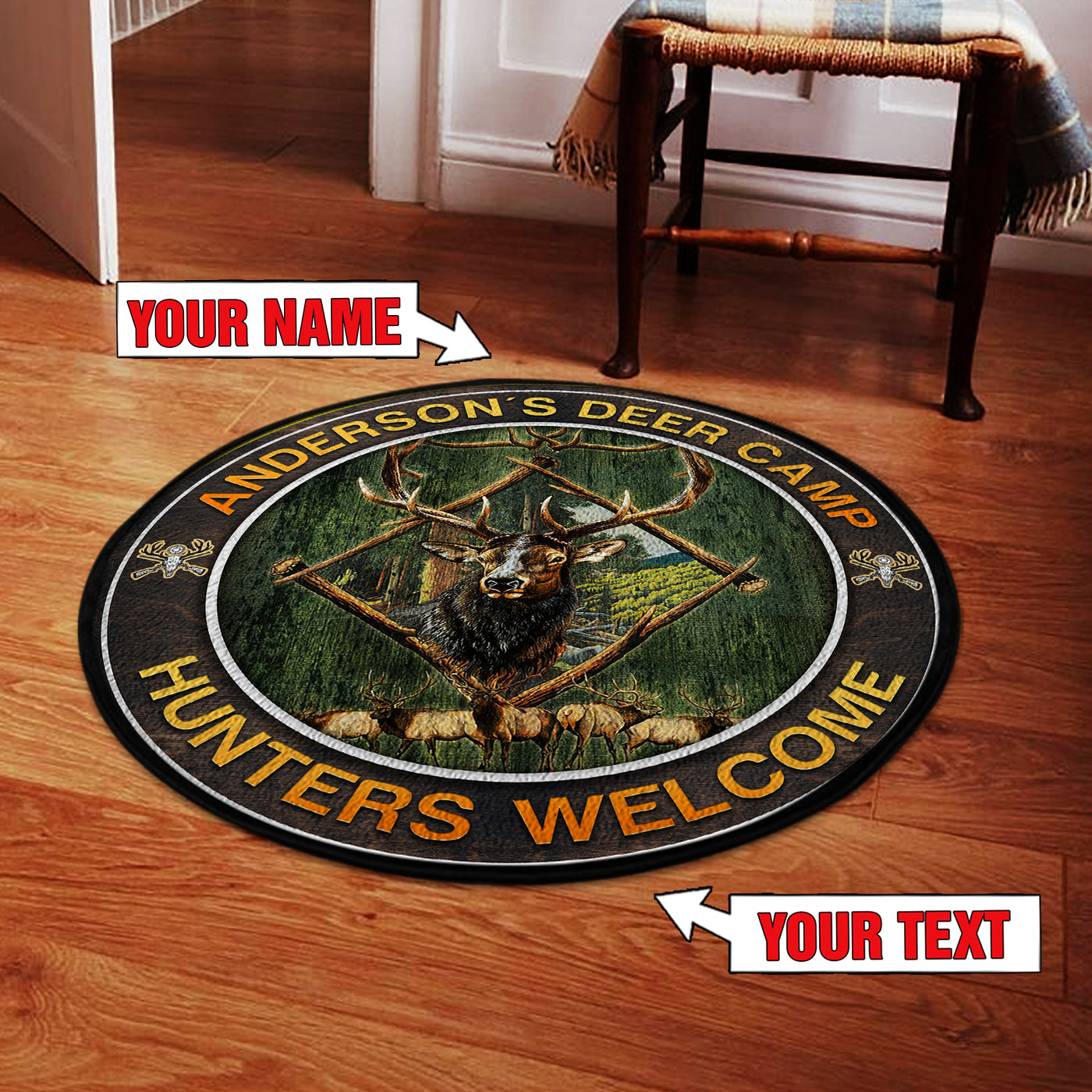 Personalized Hunitng Deer Welcome Round Rug, Carpet - Bluefink