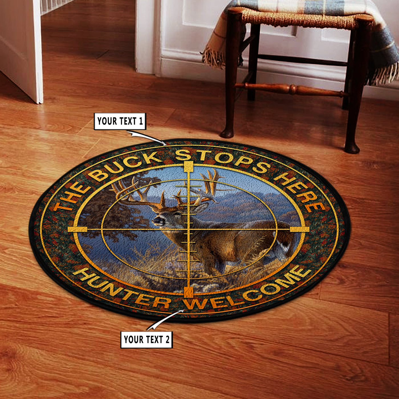 Personalized Hunting Deer Camp Decor Round Rug, Carpet - Bluefink